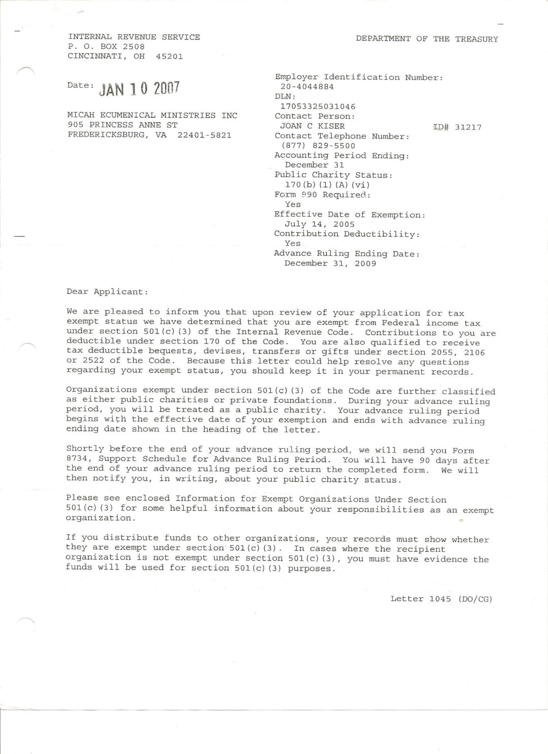 501(c)3 Designation Letter | Micah Ecumenical Ministries